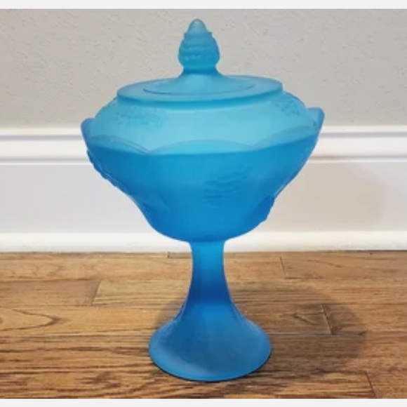 Art | Vintage Indiana Glass Blue Frosted Harvest Grape Pedestal Candy ...